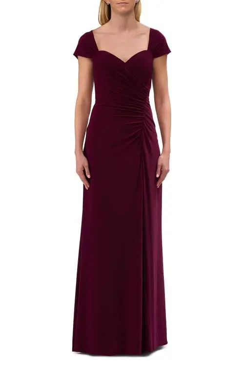 LABOMME Jersey Evening Dress With Cap Sleeves And Ruching - Dark Berry