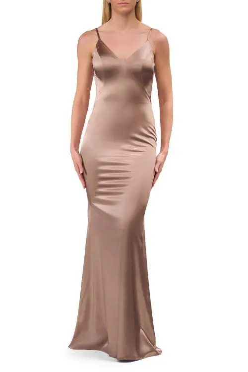 LABOMME Chic Long Stretch Satin Gown With V Neck And Back - Nude