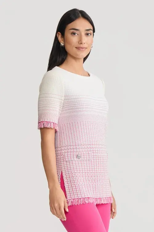 Ming Wang Jacquard Knit Tunic With Fringe Trim