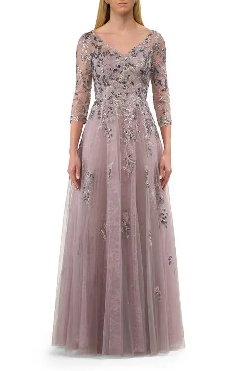LABOMME Two Tone Lace Applique Tulle A-line Gown With Illusion Sleeves - Silver/mauve