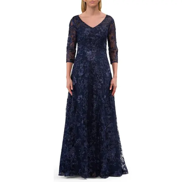 LABOMME Lace Mother Of The Bride Gown With V Neckline - Navy