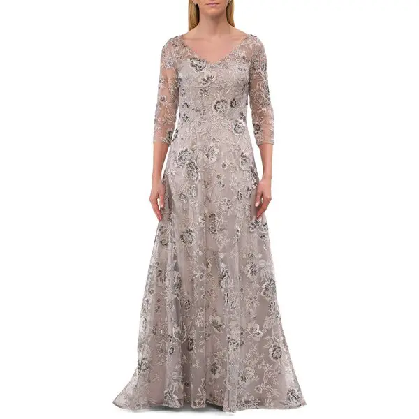 LABOMME Lace Mother Of The Bride Gown With V Neckline - Silver