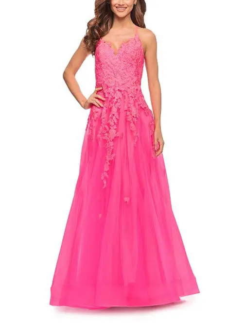 LABOMME Gorgeous Lace And Tulle Ball Gown With High Slit - Neon Pink