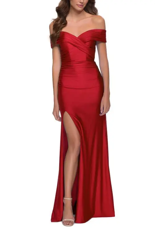 LABOMME Off The Shoulder Chic Jersey Gown With Ruching - Red