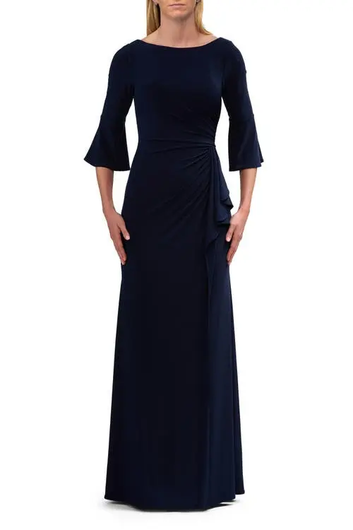 LABOMME Simple Evening Dress With Three Quarter Bell Sleeve And High Neckline - Navy