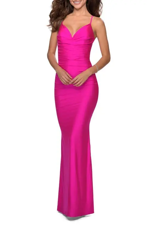 LABOMME Neon Dress With Ruching And Strappy Back - Neon Pink