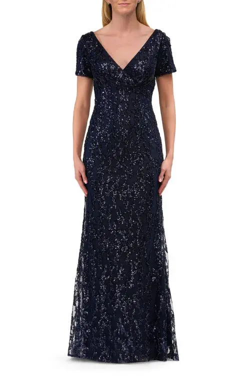 LABOMME Empire Waist Evening Dress With Print Sequin Design - Navy
