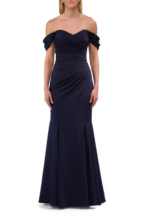 LABOMME Chic Off The Shoulder Gown With Side Pleating - Navy