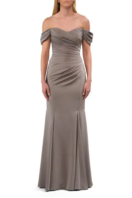 LABOMME Chic Off The Shoulder Gown With Side Pleating - Pewter