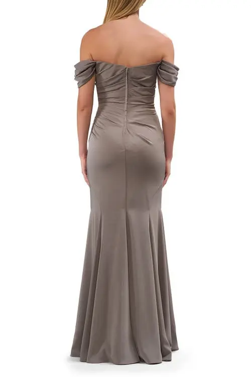 La Femme Off-the-shoulder Gown With Side Pleating - Pewter