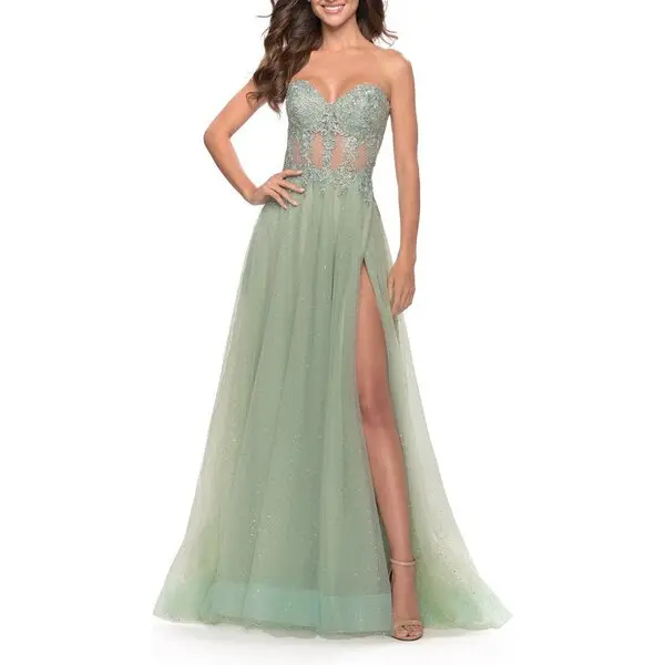 LABOMME Rhinestone Tulle Gown With Sheer Lace Bodice - Sage