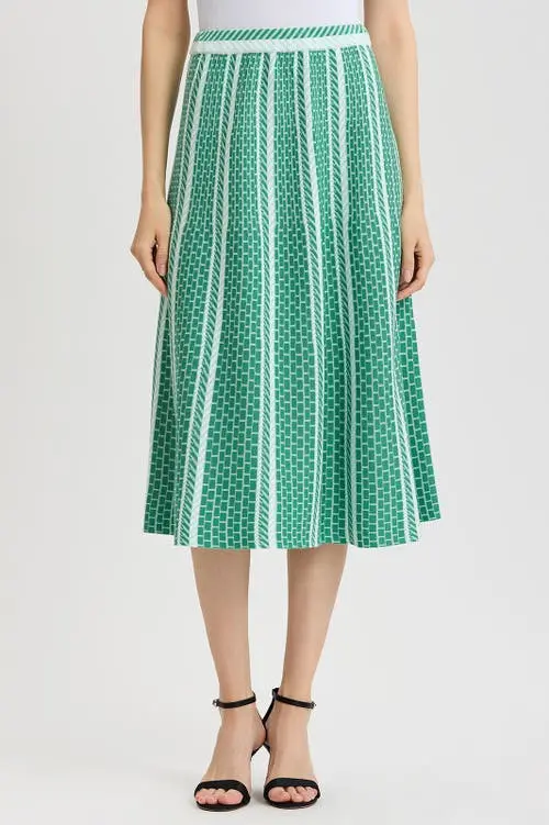 Ming Wang Roadmap Pattern Knit Midi Skirt - Kelly Green/eucalyptus/ivory
