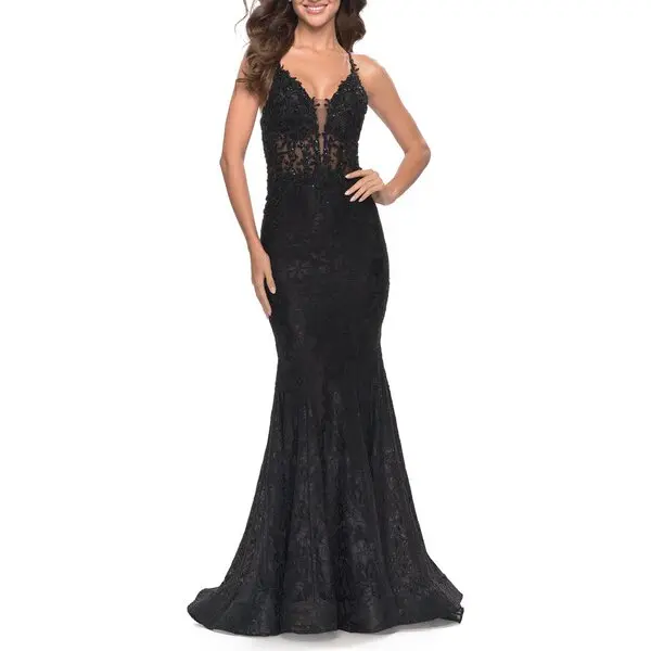 La Femme Lace Mermaid Gown With Beaded Bodice - Black