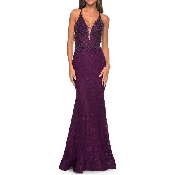 LABOMME Exquisite Mermaid Lace Gown With Beaded Sheer Bodice - Dark Berry
