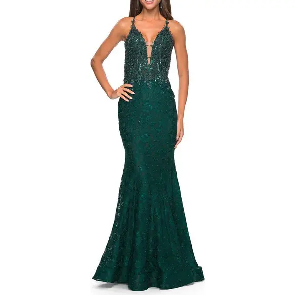 LABOMME Exquisite Mermaid Lace Gown With Beaded Sheer Bodice - Dark Emerald