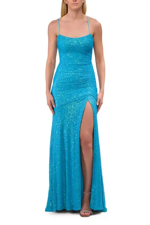 La Femme Sequin Gown With Lace-up Back And Slit - Aqua