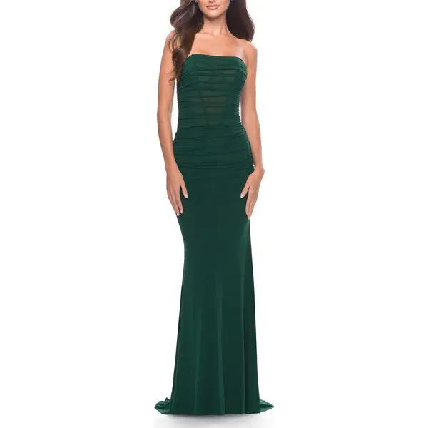 La Femme Strapless Net Jersey Dress - Emerald