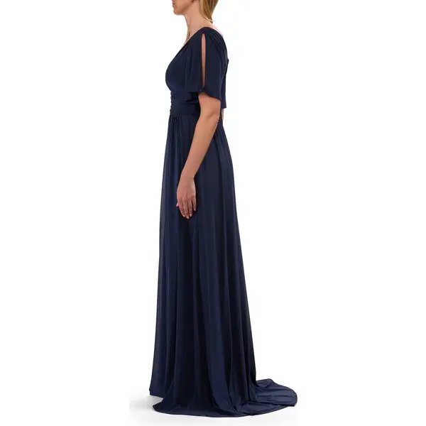 LABOMME Flattering Net Jersey Long Dress With Ruffle Sleeve - Navy