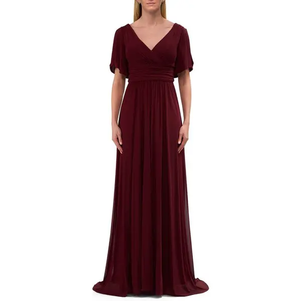 LABOMME Flattering Net Jersey Long Dress With Ruffle Sleeve - Wine