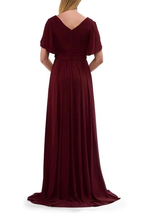 La Femme Net Jersey Long Dress With Ruffle Sleeve - Wine
