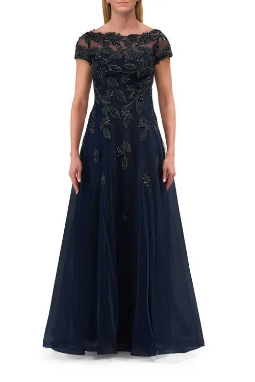 LABOMME Gorgeous Gown With Beaded Lace Applique - Navy