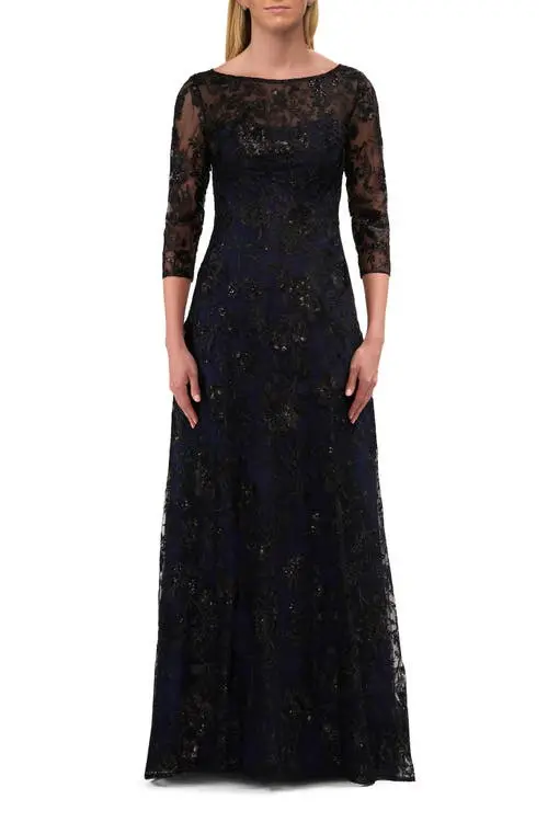 LABOMME Mother Of The Bride Dress With Full Skirt And Illusion Neckline - Black/navy