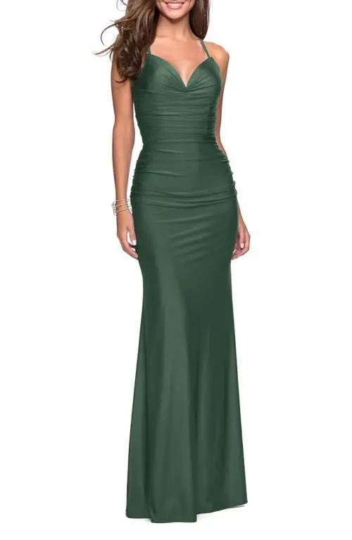 LABOMME Form Fitting Jersey Dress With Ruching And Strappy Back - Emerald