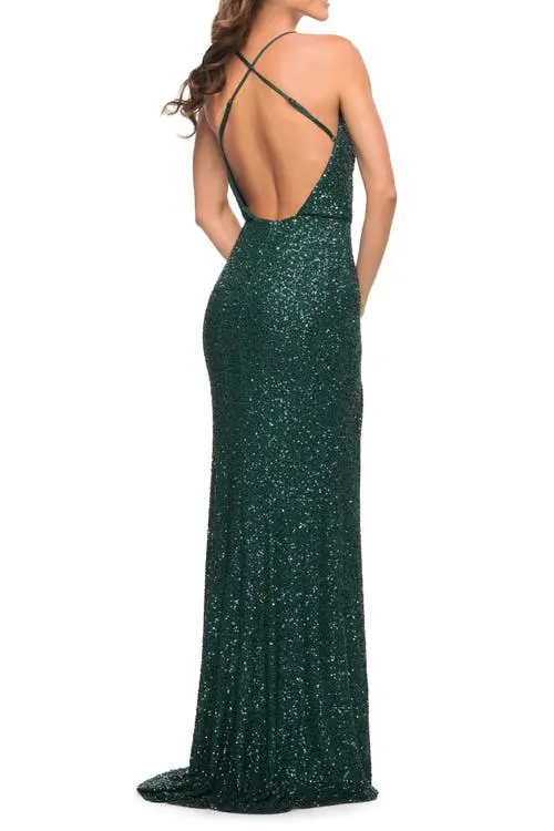 La Femme Sequin Low Back Gown