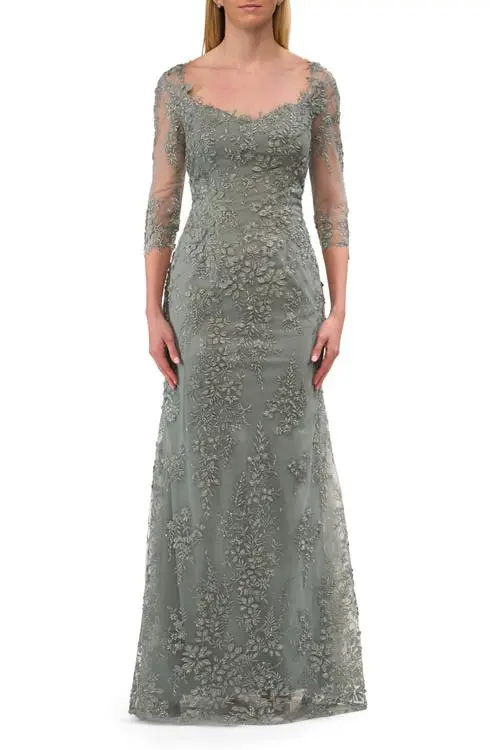 LABOMME Unique Lace Gown With Square Neckline And Illusion Sleeves - Dusty Sage
