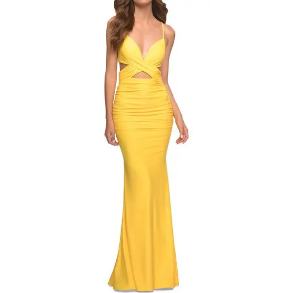 La Femme Long Jersey Gown With Cutouts