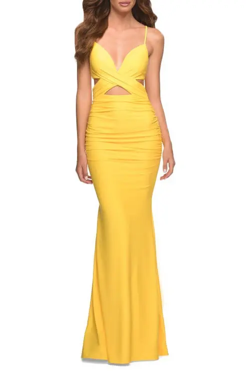 La Femme Long Jersey Gown With Cutouts