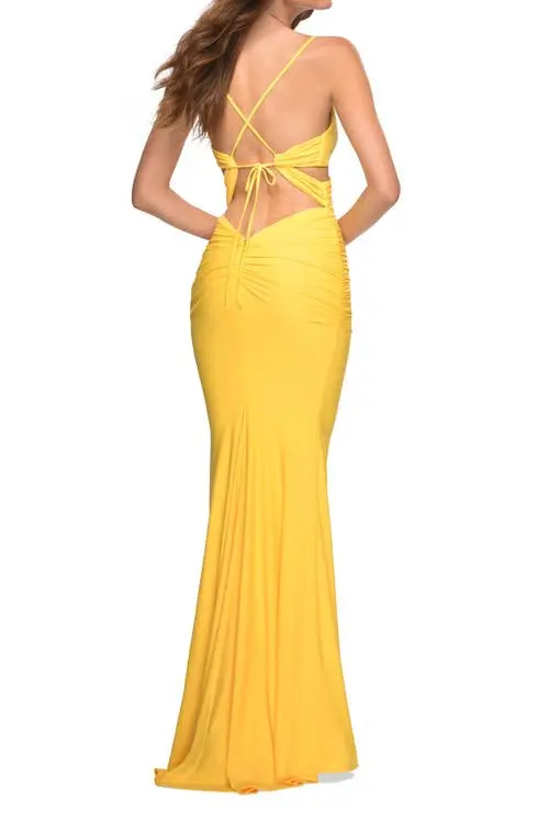 La Femme Long Jersey Gown With Cutouts