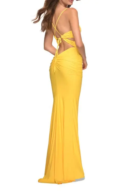 La Femme Long Jersey Gown With Cutouts