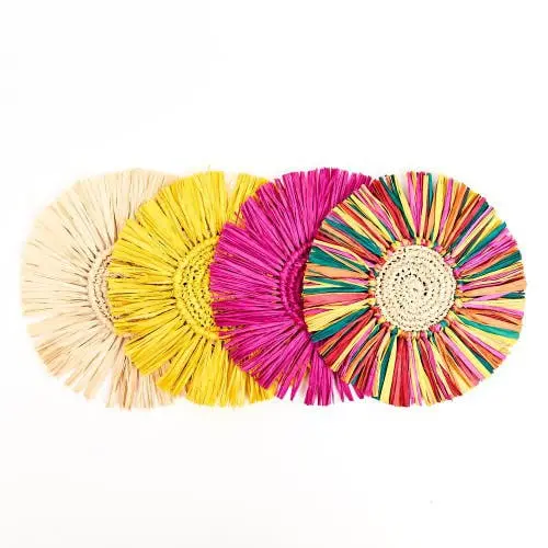 KUBO Pahiyas Woven Fringe Raffia Coasters Rainbowset Of 4 - Natural
