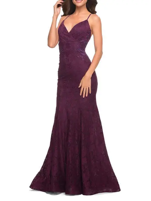 La Femme Lace Gown With Applique Panels - Dark Berry