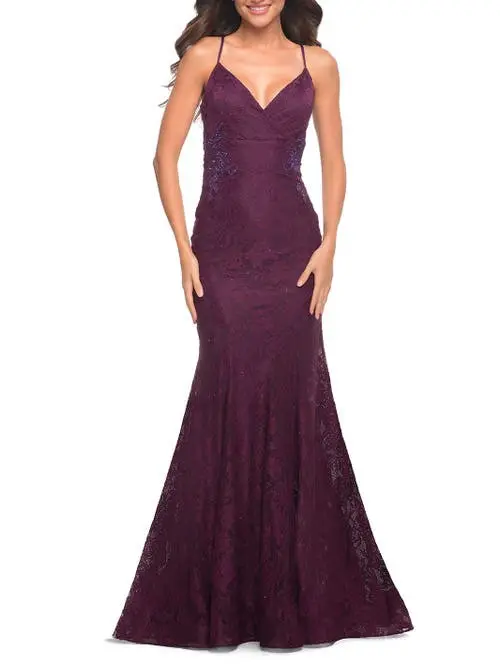 La Femme Lace Gown With Applique Panels - Dark Berry
