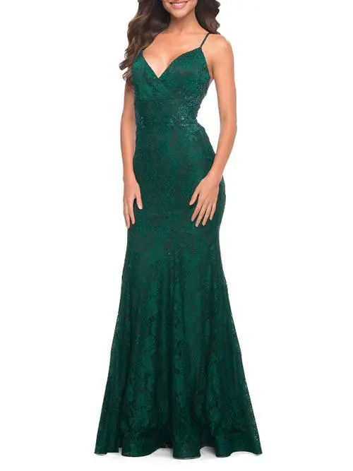 LABOMME Lace Gown With Sheer Lace Applique Side Panels - Dark Emerald