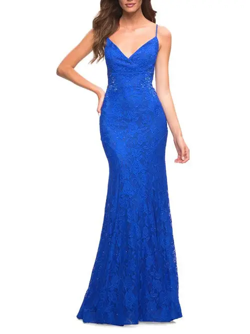 LABOMME Lace Gown With Sheer Lace Applique Side Panels - Royal Blue