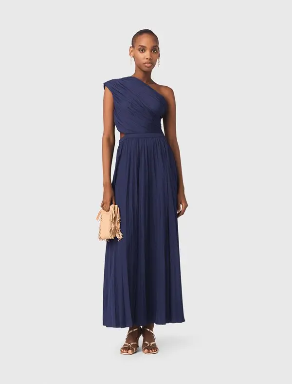 Maje Asymmetrical Pleated Maxi Dress - Navy