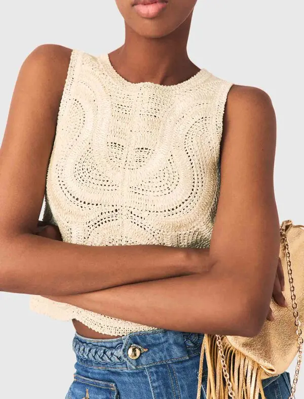 Maje Sleeveless Crochet Knit Cropped Top - Beige