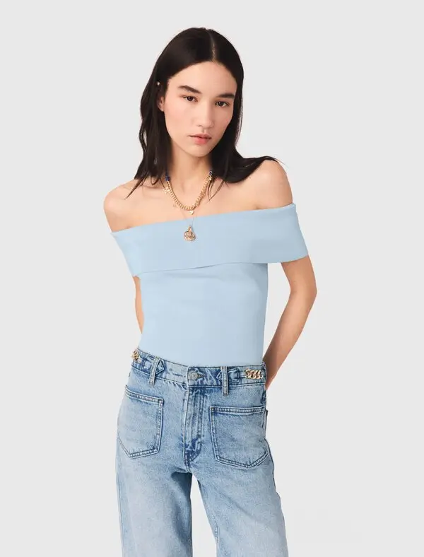Maje Bardot Rib Knit Off-the-shoulder Top