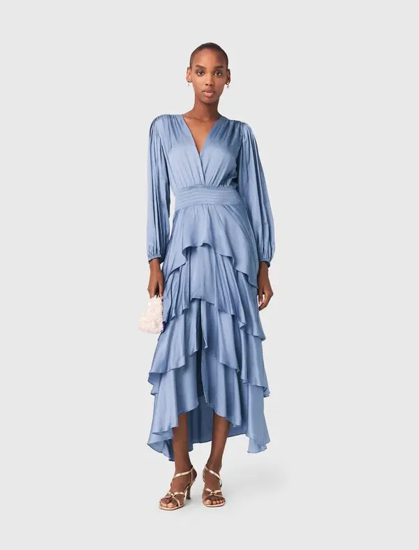 Maje Ruffled Maxi Dress - Grey Blue