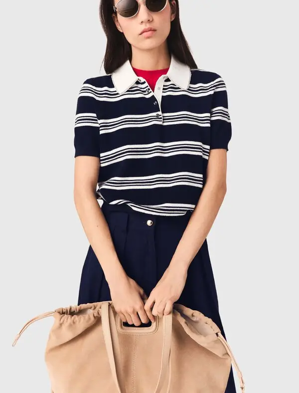 Maje Striped Knit Polo With Rhinestone Collar - Ecru/navy Blue