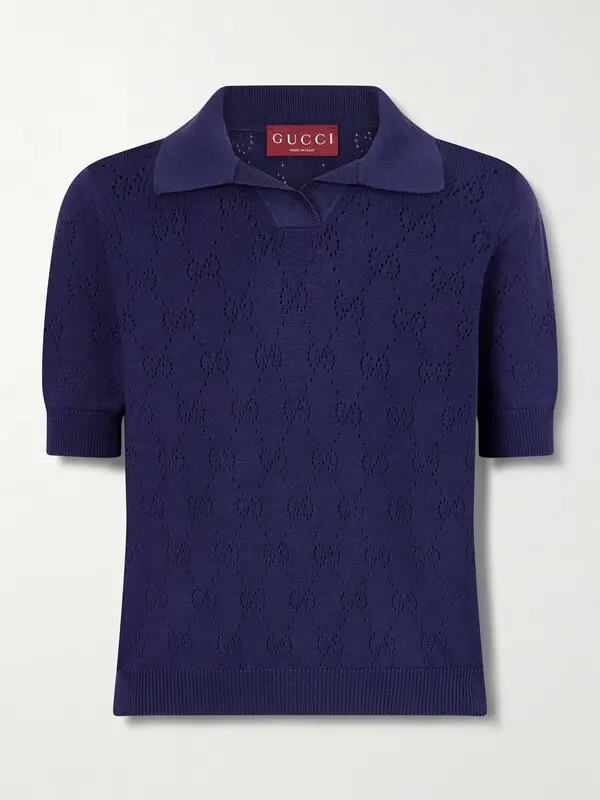 Gucci Perforated Silk And Cotton-blend Polo Top