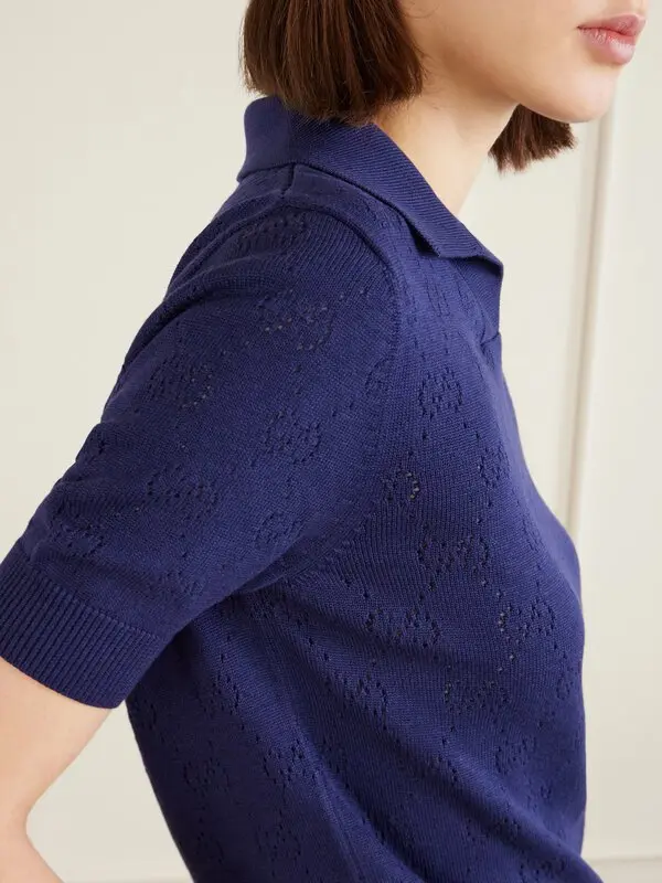 Gucci Perforated Silk And Cotton-blend Polo Top