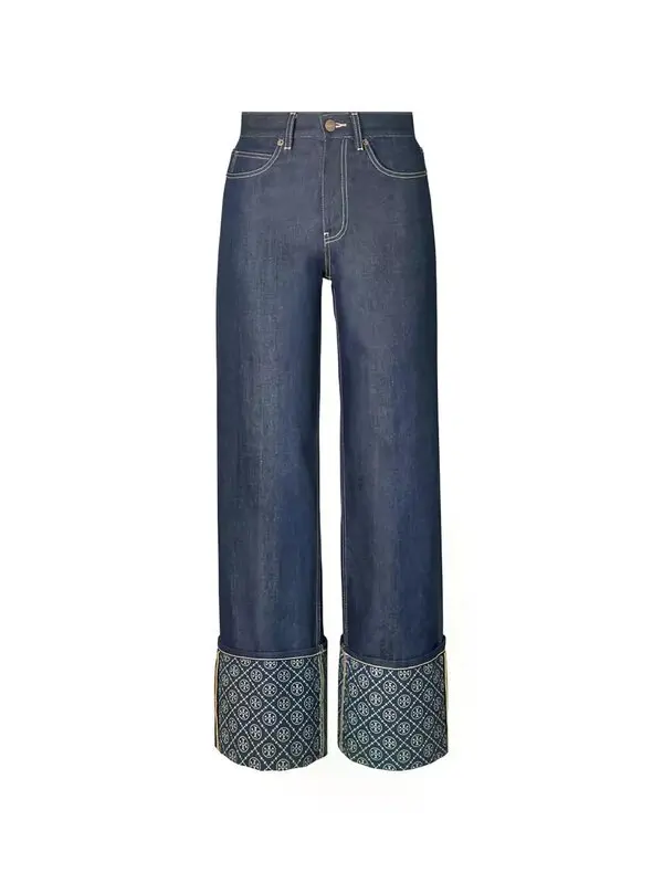 Tory Burch T Monogram Contrast Cuff Straight Leg Jeans - Blue