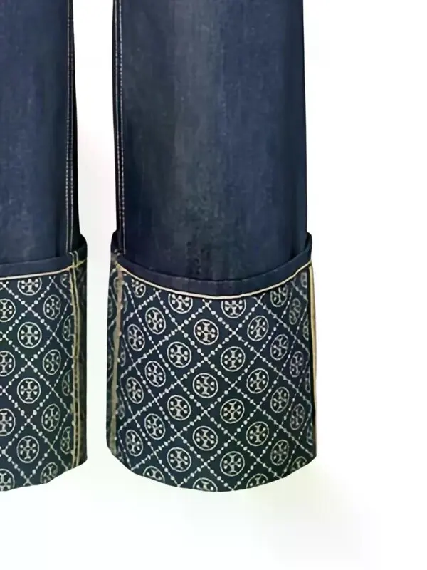 Tory Burch T Monogram Contrast Cuff Straight Leg Jeans - Blue