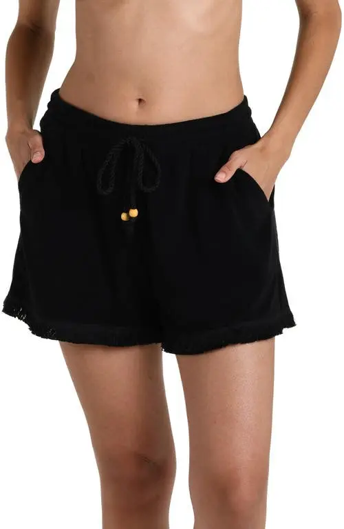 La Blanca Fringe Drawstring Terry Shorts - Black
