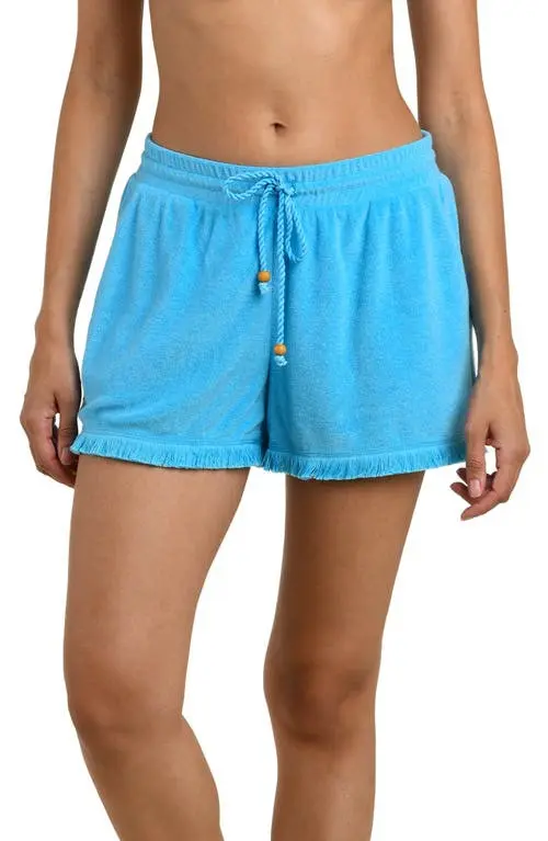 La Blanca Fringe Drawstring Terry Shorts - Sky