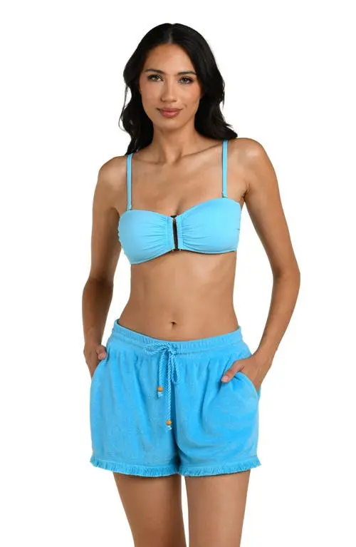 La Blanca Fringe Drawstring Terry Shorts - Sky
